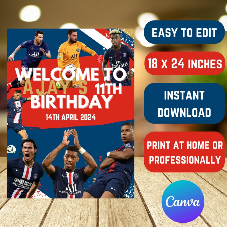 PSG Birthday Welcome Sign, Party, Soccer, Mbappe, Messi, France, Poster ...