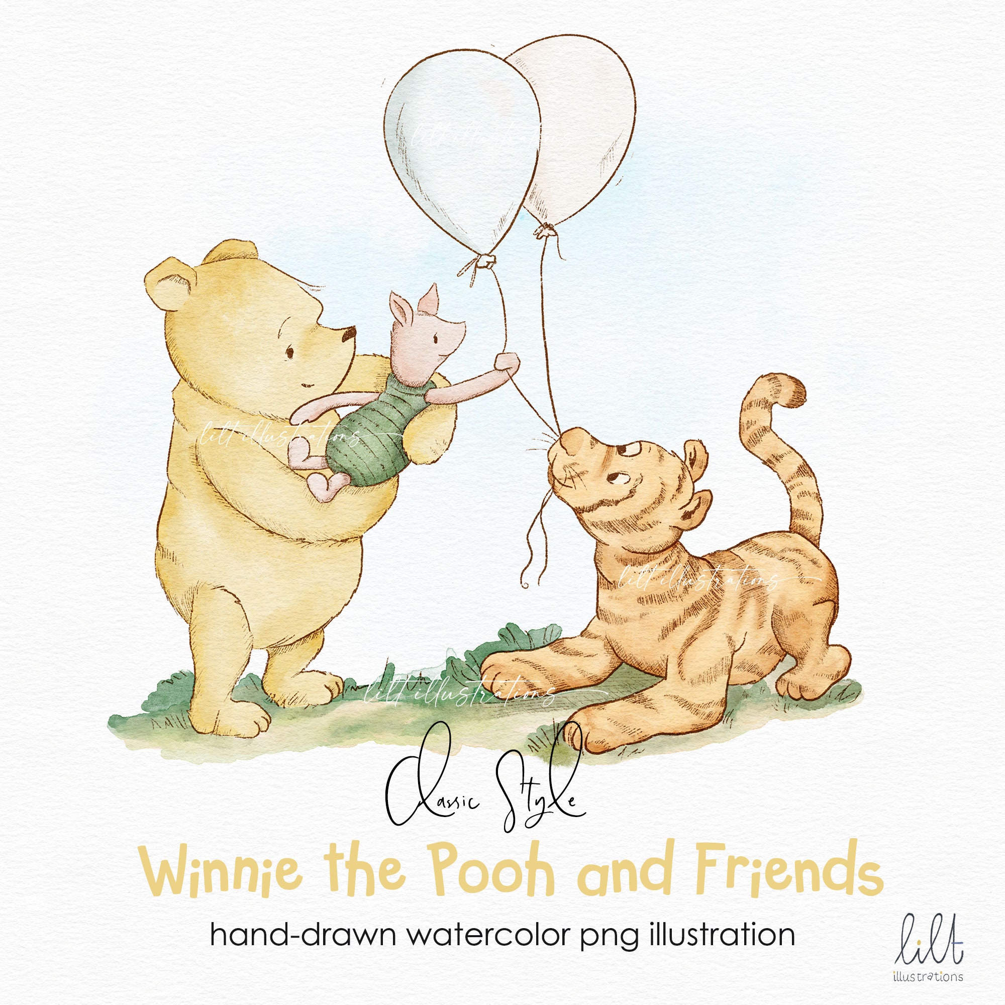Watercolor Winnie the Pooh and Friends Hand-drawn PNG Illustration ...