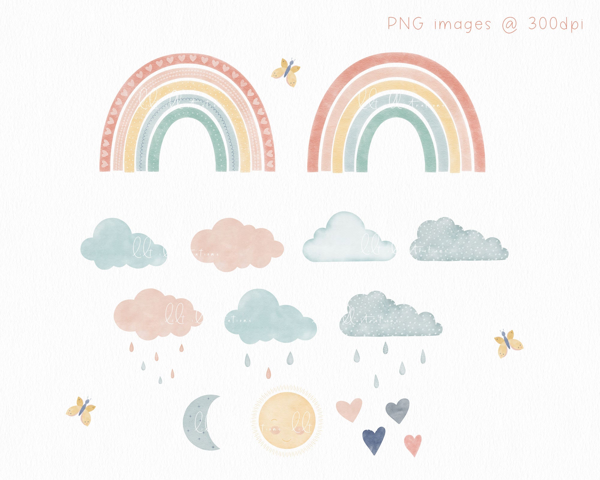 Dreamy Rainbow Watercolor Clipart, Watercolor PNG Set, Hand Painted ...