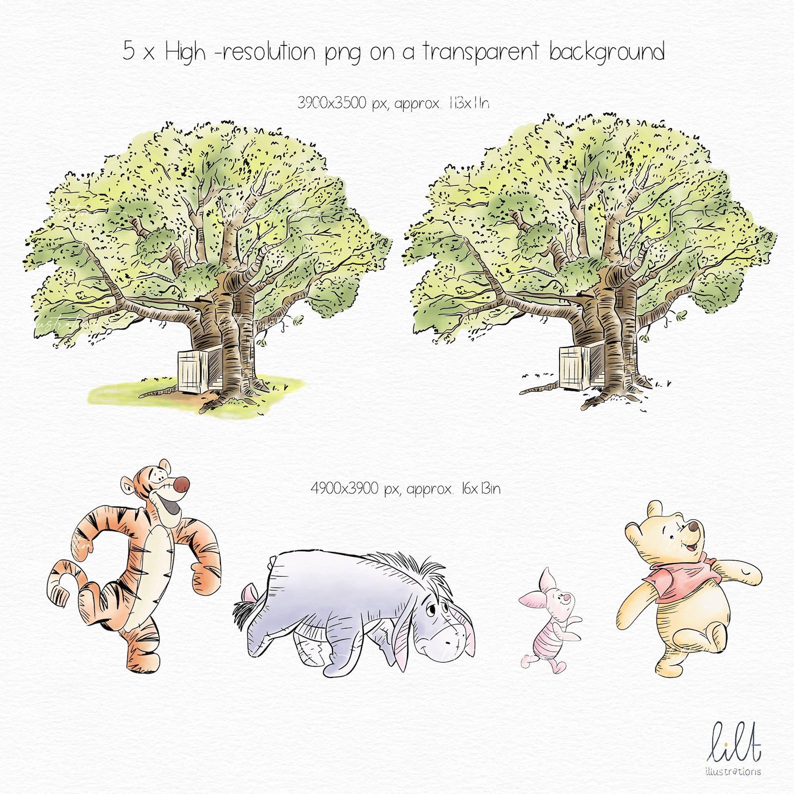 Set of 5 Hand-drawn Winnie the Pooh and Friends Clipart, Hand-drawn PNG ...