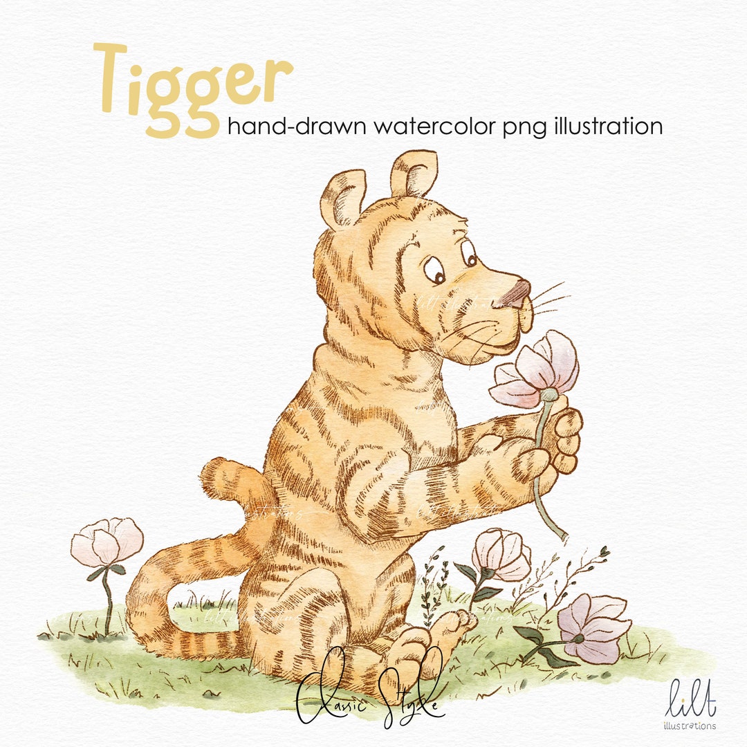 Watercolor Classic Tigger Clipart, Tigger and the Flowers, Hand-drawn ...