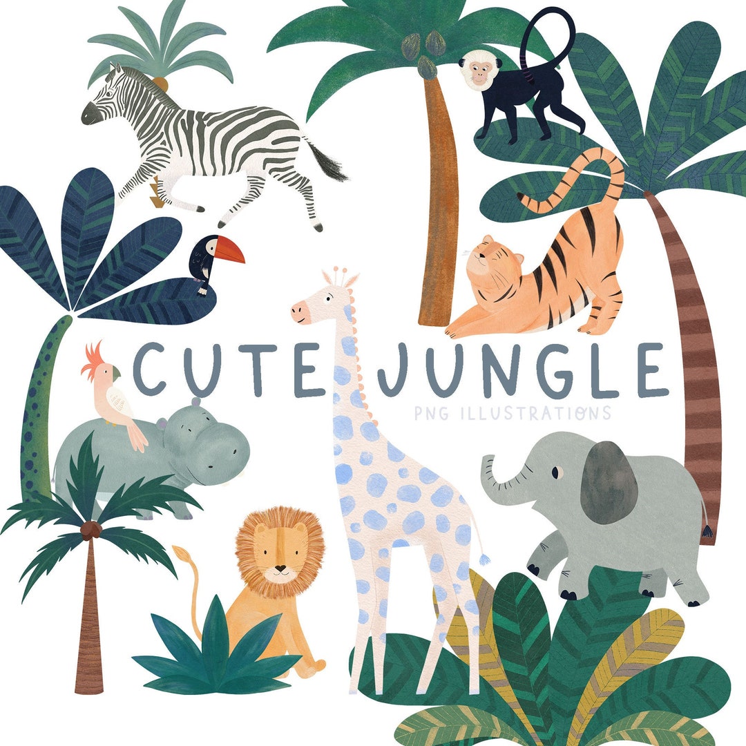 Cute Safari Animals Clipart, Tropical PNG Set, Hand-painted Tropical ...