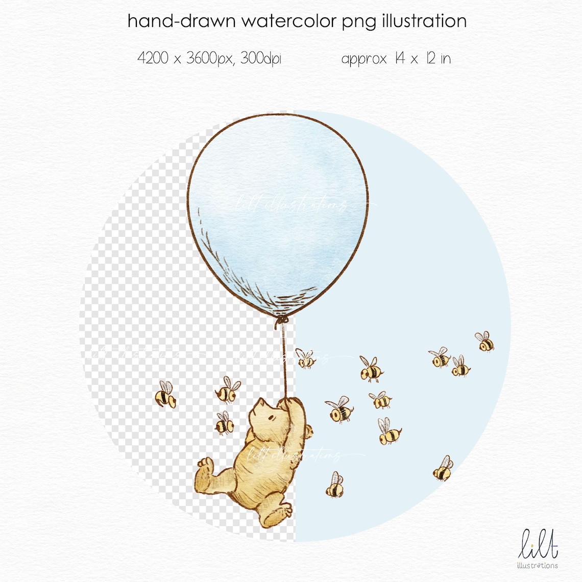 Watercolor Classic Style Winnie the Pooh Flying With Balloon Clipart ...