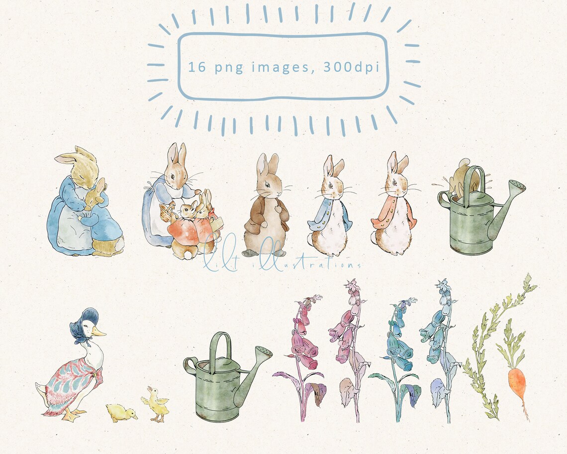Peter Rabbit Watercolor Clipart, Watercolor PNG Set, Hand Painted ...