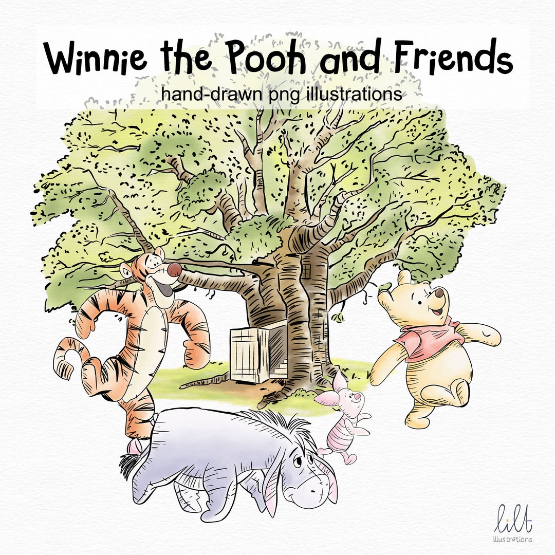 Conjunto de 5 clipart desenhados à mão do Ursinho Pooh e seus amigos ...