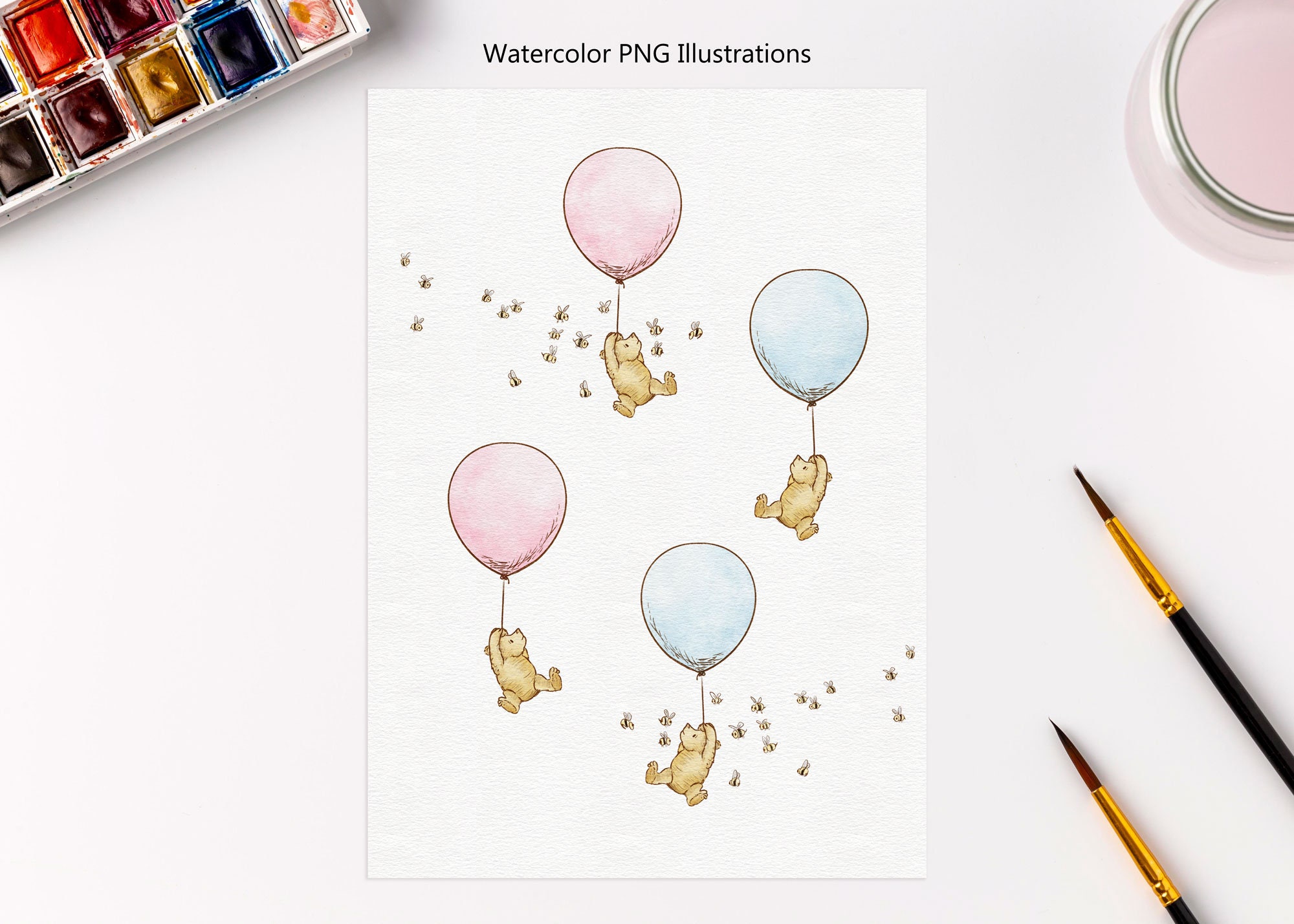 Watercolor Classic Style Winnie the Pooh Flying With Balloon Clipart ...