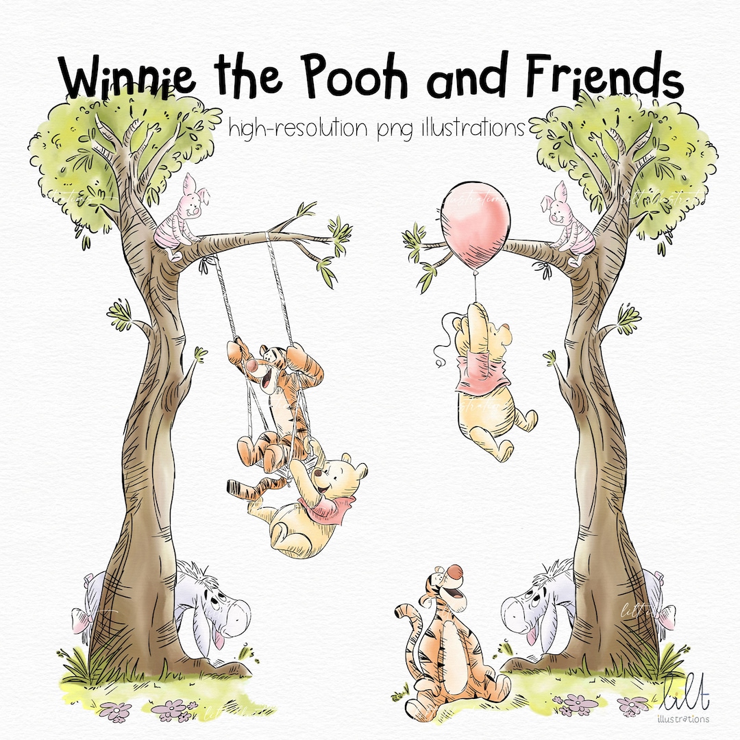 Set of 2 Hand-drawn Winnie the Pooh and Friends Clipart, Hand-drawn PNG ...