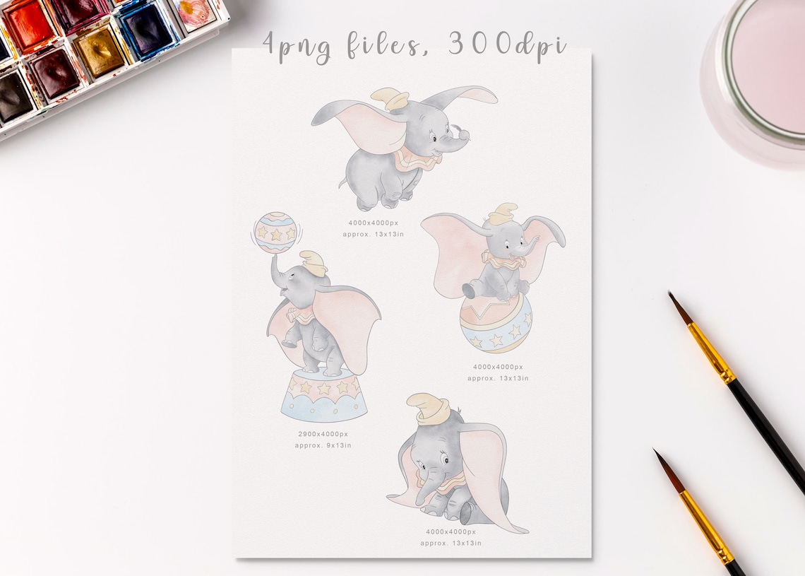 Dumbo Watercolor Clipart, Dumbo Printable Clipart, Dumbo Seamless ...