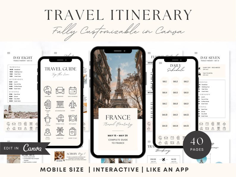 France Travel Itinerary Template: 40 Page Mobile Guide (canva) - Etsy