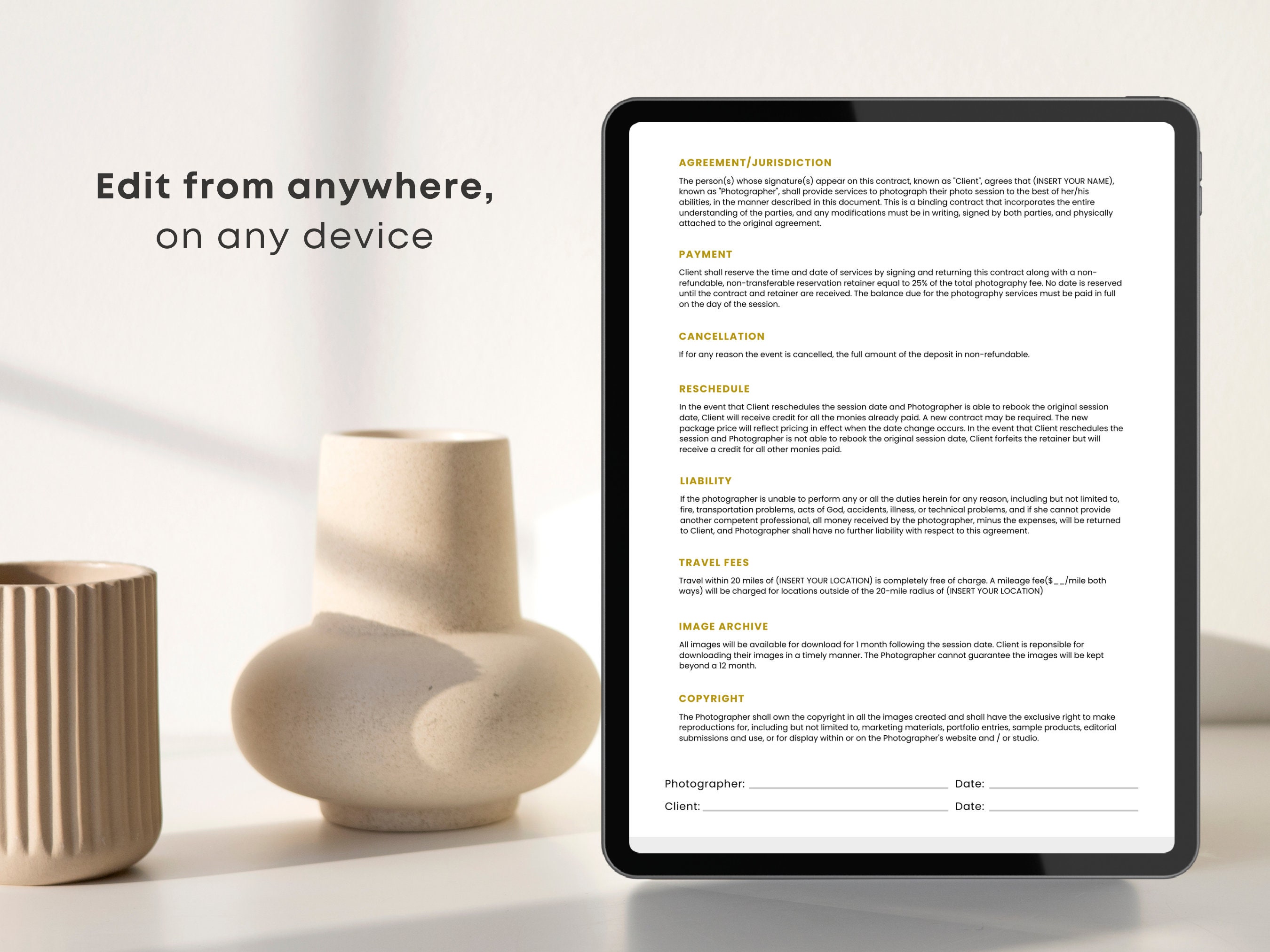 Business Form for Photographers, Photography Client Contract Template ...