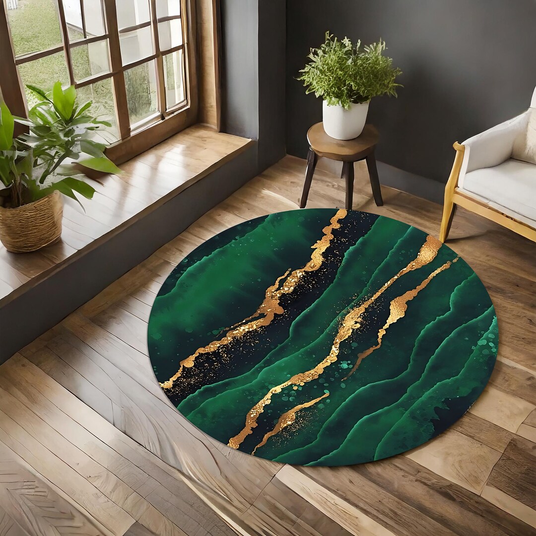 Emerald Green Rug, Green Marble Round Rug, Cirycle Rug, Gold Rug ...
