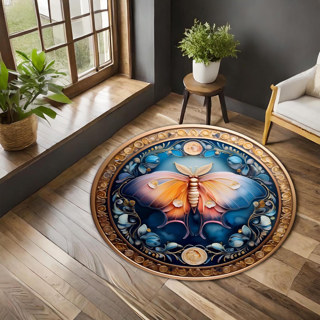 Butterfly Round Rug, Cute Round Rug, Luna Moth Rug, Vibrant Look Rug ...