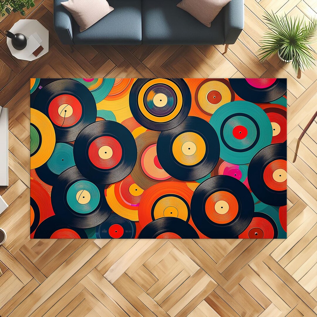80s Retro Record Pattern Rug, Music Room Decor, Colorful Rug, Retro ...