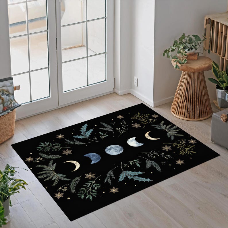 Mystic Moon Phases Botanical Black Rug – Celestial Round Carpet With ...