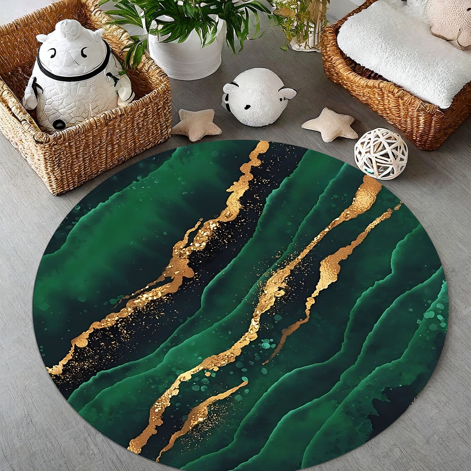 Emerald Green Rug, Green Marble Round Rug, Cirycle Rug, Gold Rug ...