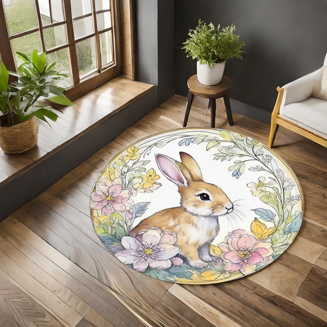 Rabbit Round Rug, Cute Bunny Rug, Nursery Rug, Farm Animal Round Carpet ...