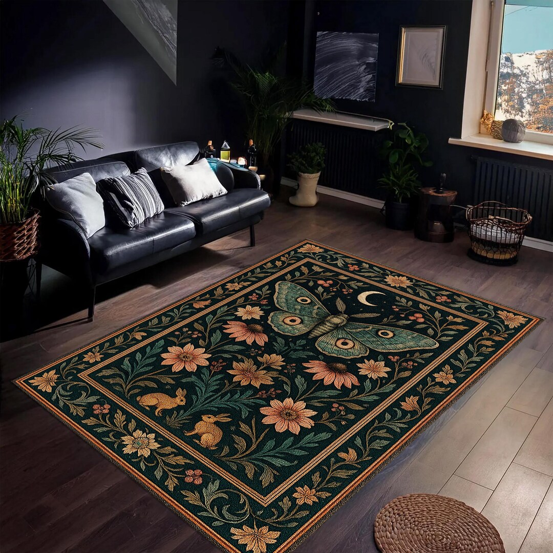 Moth Moon Rug – Mystical Floral Carpet for Boho Room Decor, Nature ...