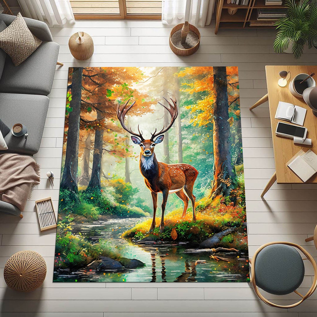 Deer Design Rug, Forest Rug, Animal Rug, Art Design Rug, Living Room ...