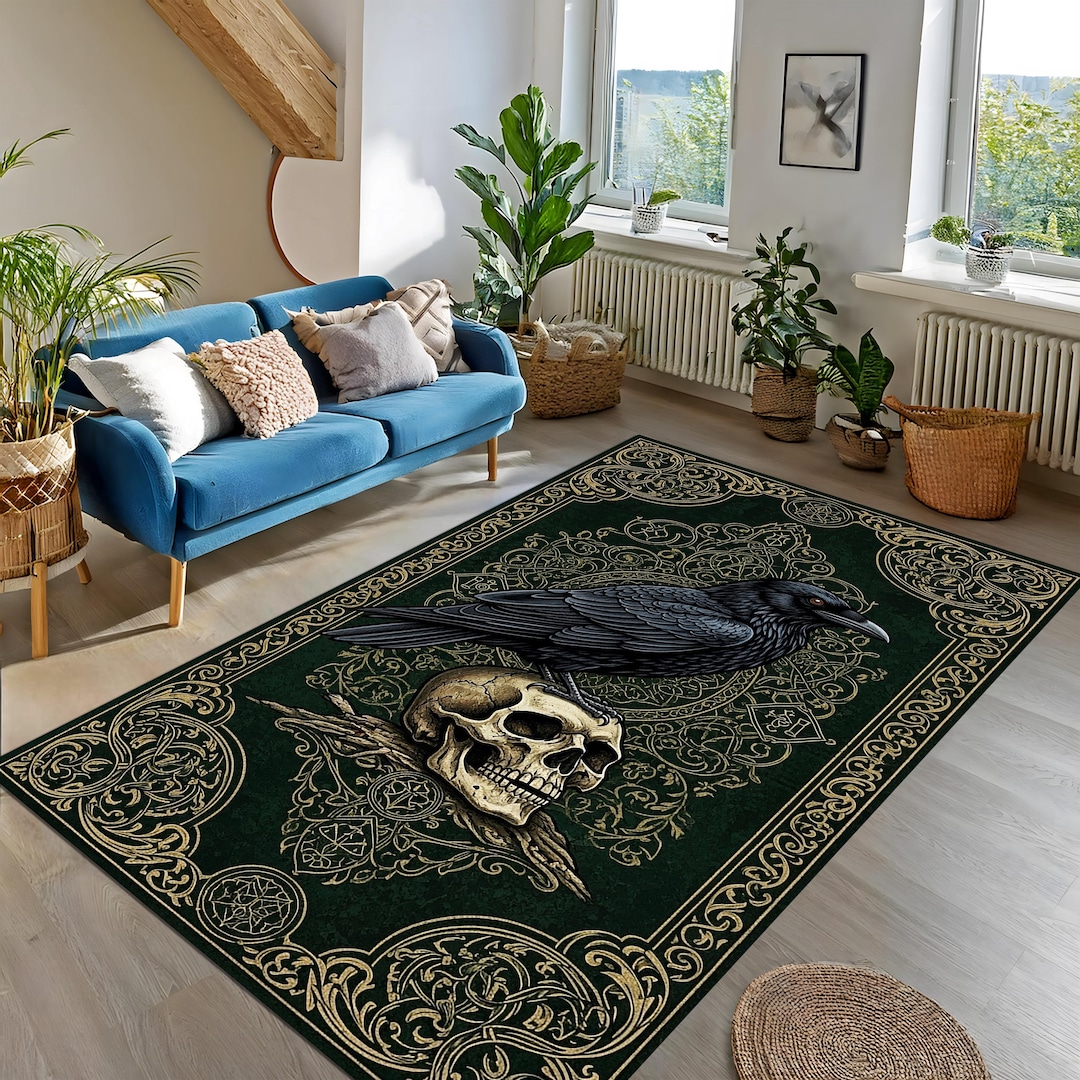 Gothic Raven and Skull Rug, Dark Green Mystical Occult Carpet, Vintage ...