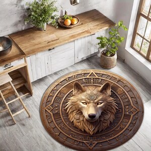 Wolf Round Rug, Norse God Rug, 3D Look Wolf Rug, Wooden Wolf Rug ...