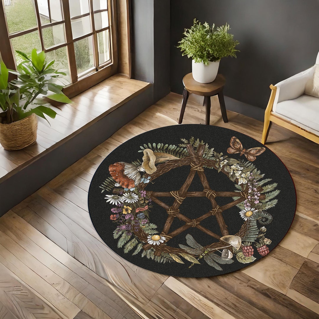 Pentagram Round Rug, Psychedelic Gothic Magic Round Rug, Pentagram ...