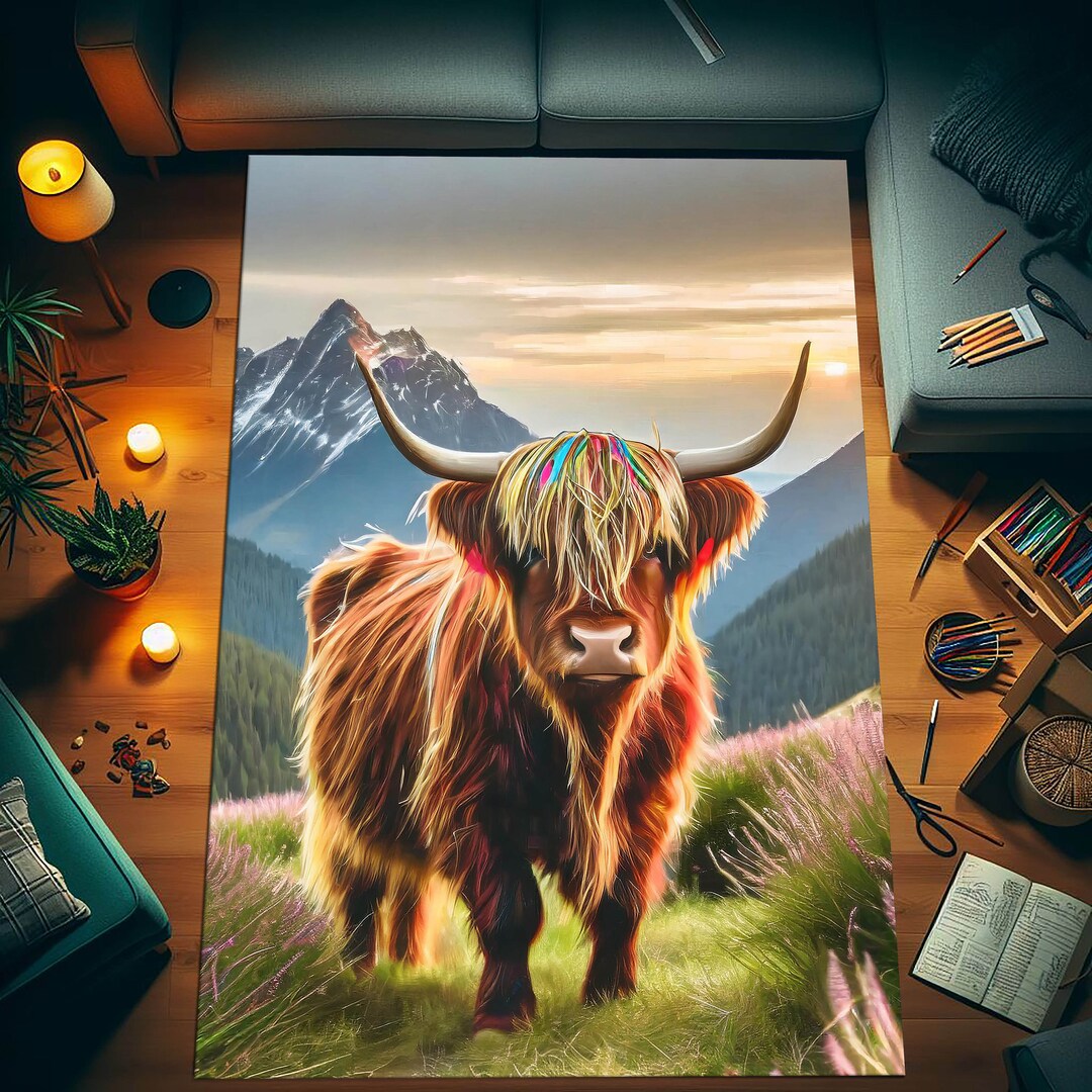 Highland Cow Rug, Colorful Cow Rugs, Coastal Rug, Animal Rugs, Soft Rug ...
