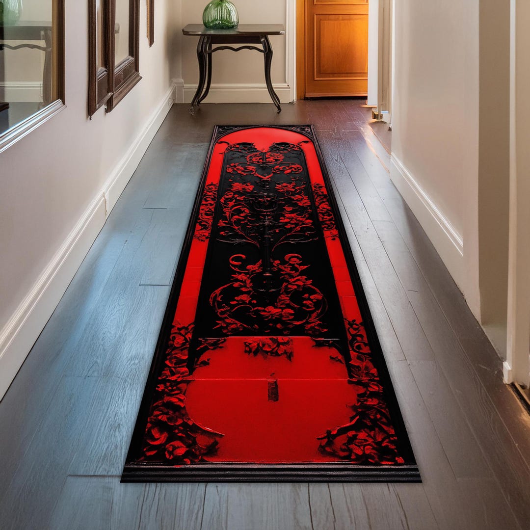 Red Gothic Runner Rug for Halloween, Skull Rug, Halloween Rug, Horror ...
