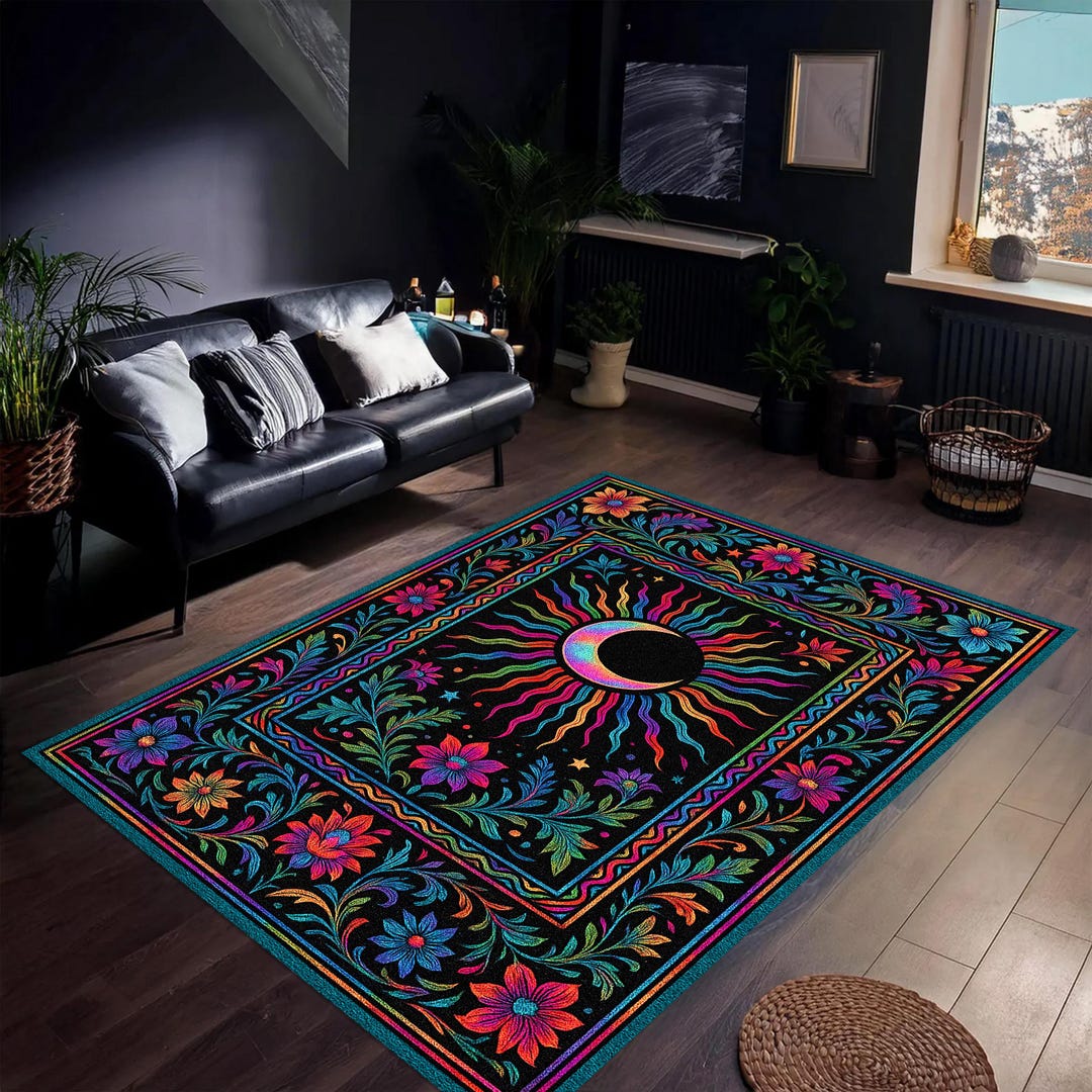 Boho Psychedelic Sun Moon Rug – Colorful Trippy Floral Area Carpet ...