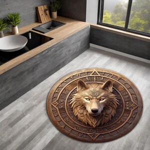 Wolf Round Rug, Norse God Rug, 3D Look Wolf Rug, Wooden Wolf Rug ...