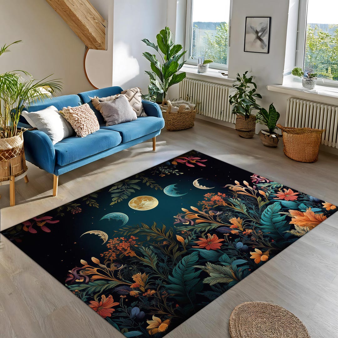 Moonlight Rug, Mystic Rug, Floral Moon Phase Rug, Mystic Theme Rug ...