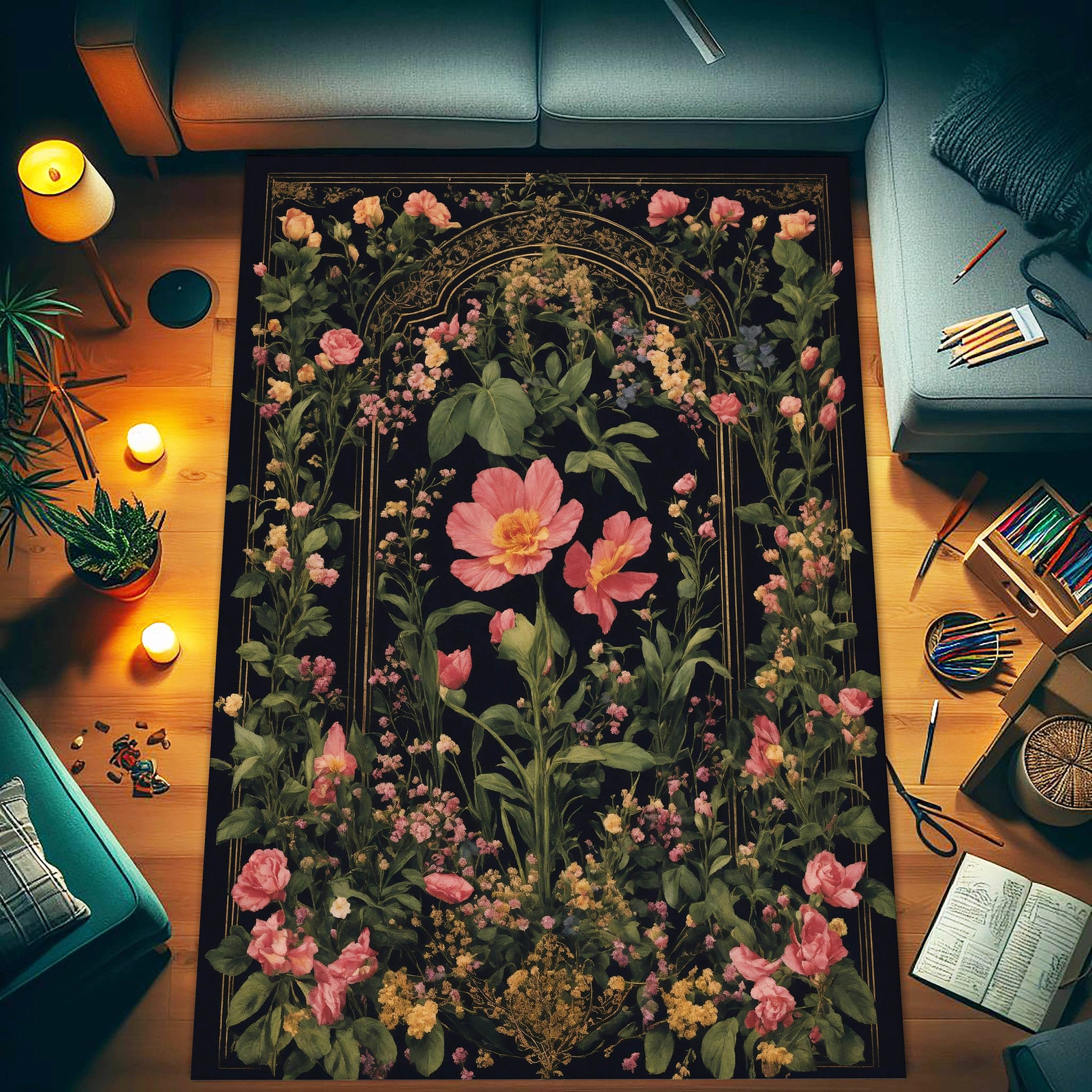 Dark Floral Victorian Rug, Wildflower Aesthetic Rug, Gothic Home Rug ...