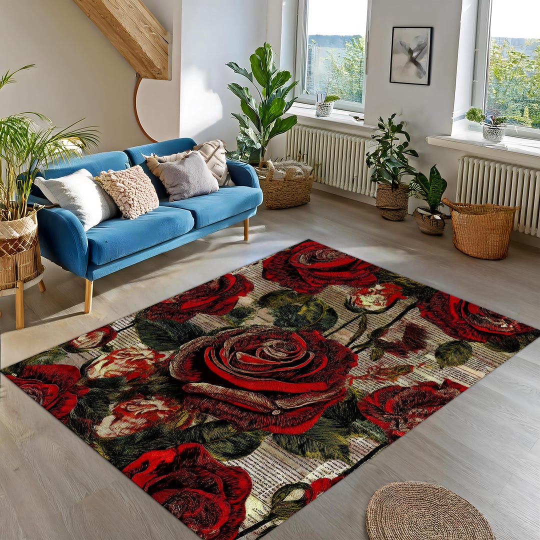 Red Rose Rug, Rose Pattern Rug, Gift for Valentine's Day, Aesthetic Rug ...