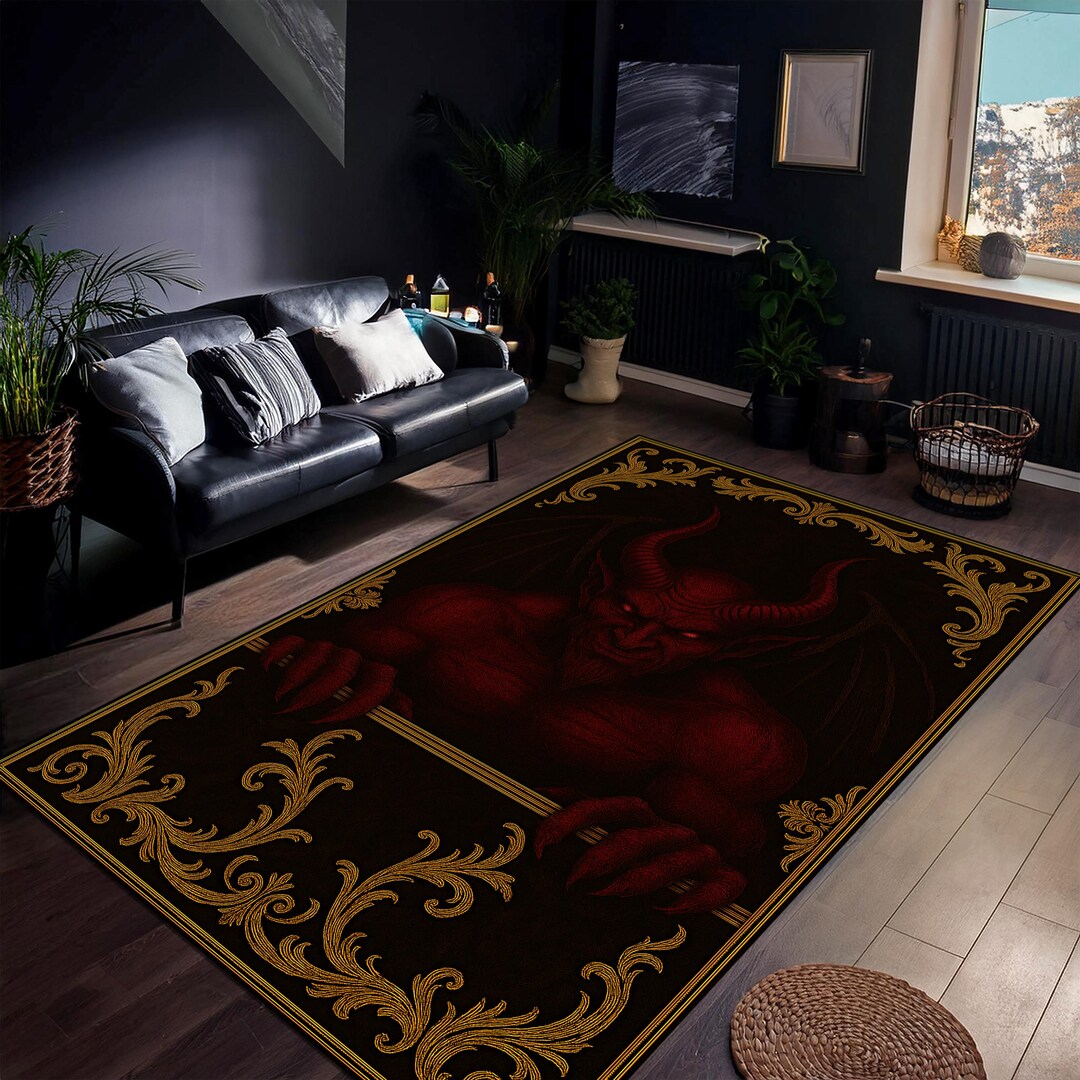Infernal Demon Rug – Red and Gold Gothic Carpet, Dark Fantasy Decor for ...