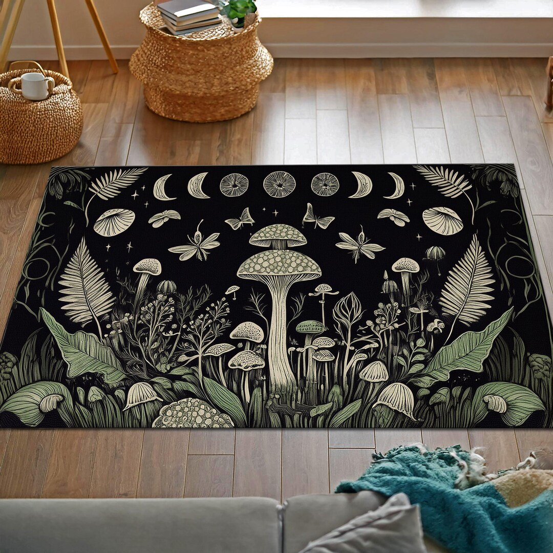 Moon Phase and Mushroom Rug, Floral Rug, Wiccan Rug, Witch Decor ...