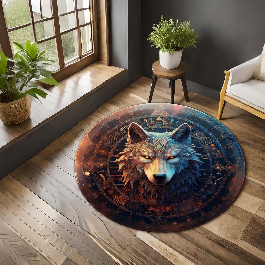Wolf Round Rug, Norse God Rug, 3D Look Wolf Rug, Wooden Wolf Rug ...