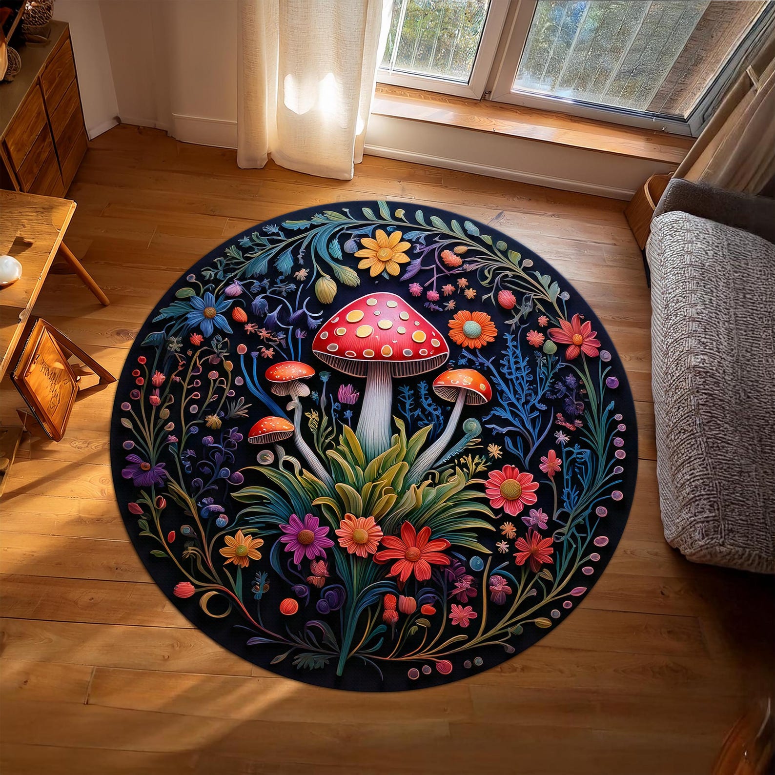 Mushroom Round Rug, Mushroom Flowers Rug, Mushroom Lovers Rug, Nature ...
