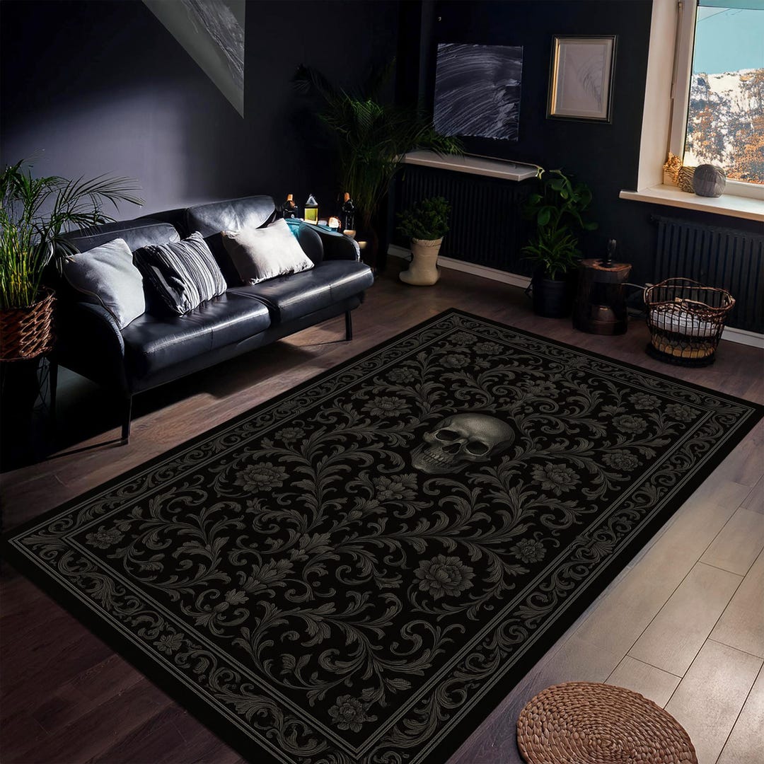 Skull Baroque Rug – Dark Gothic Floral Carpet for Alternative Home ...