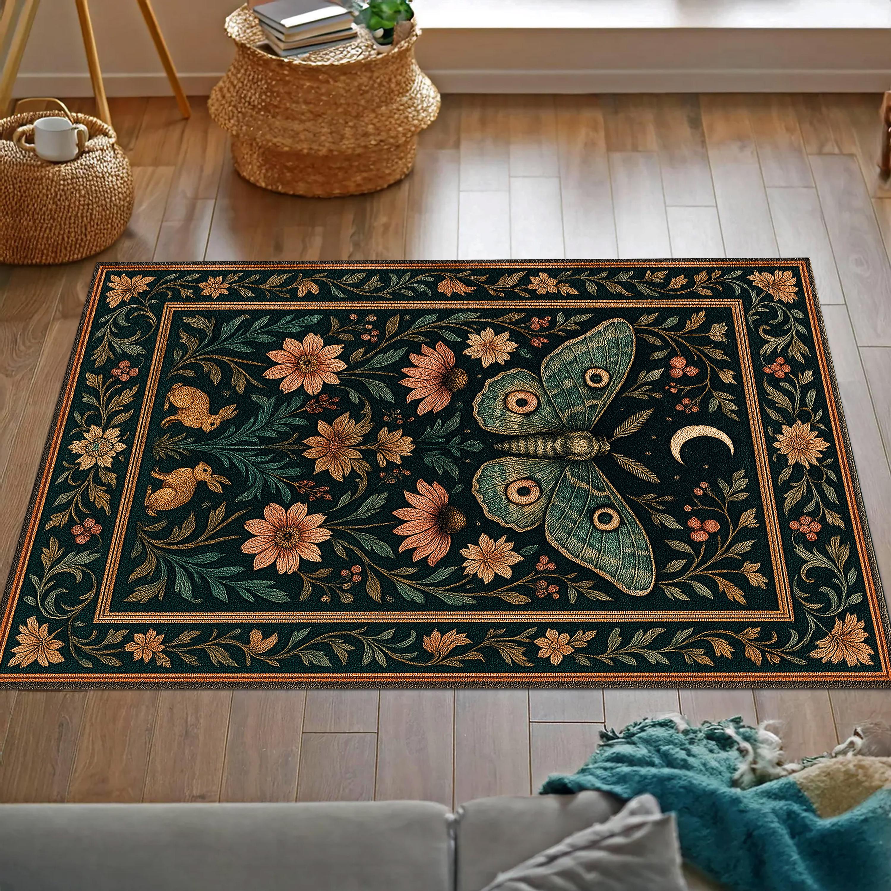 Moth Moon Rug – Mystical Floral Carpet for Boho Room Decor, Nature ...
