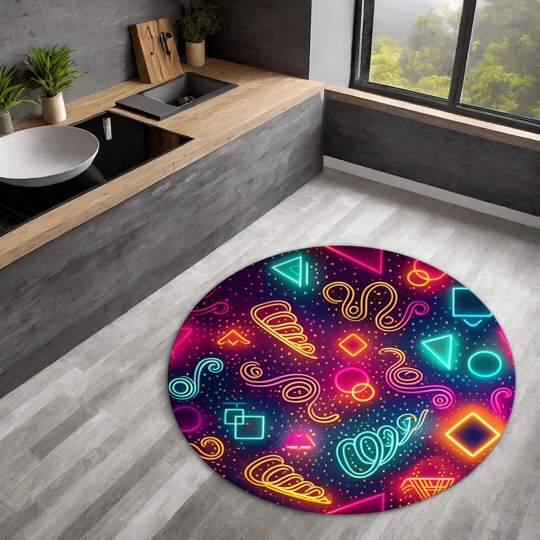 Neon Arcade Round Rug, 80s Retro Rug, Gaming Carpet, Arcade Carpet ...