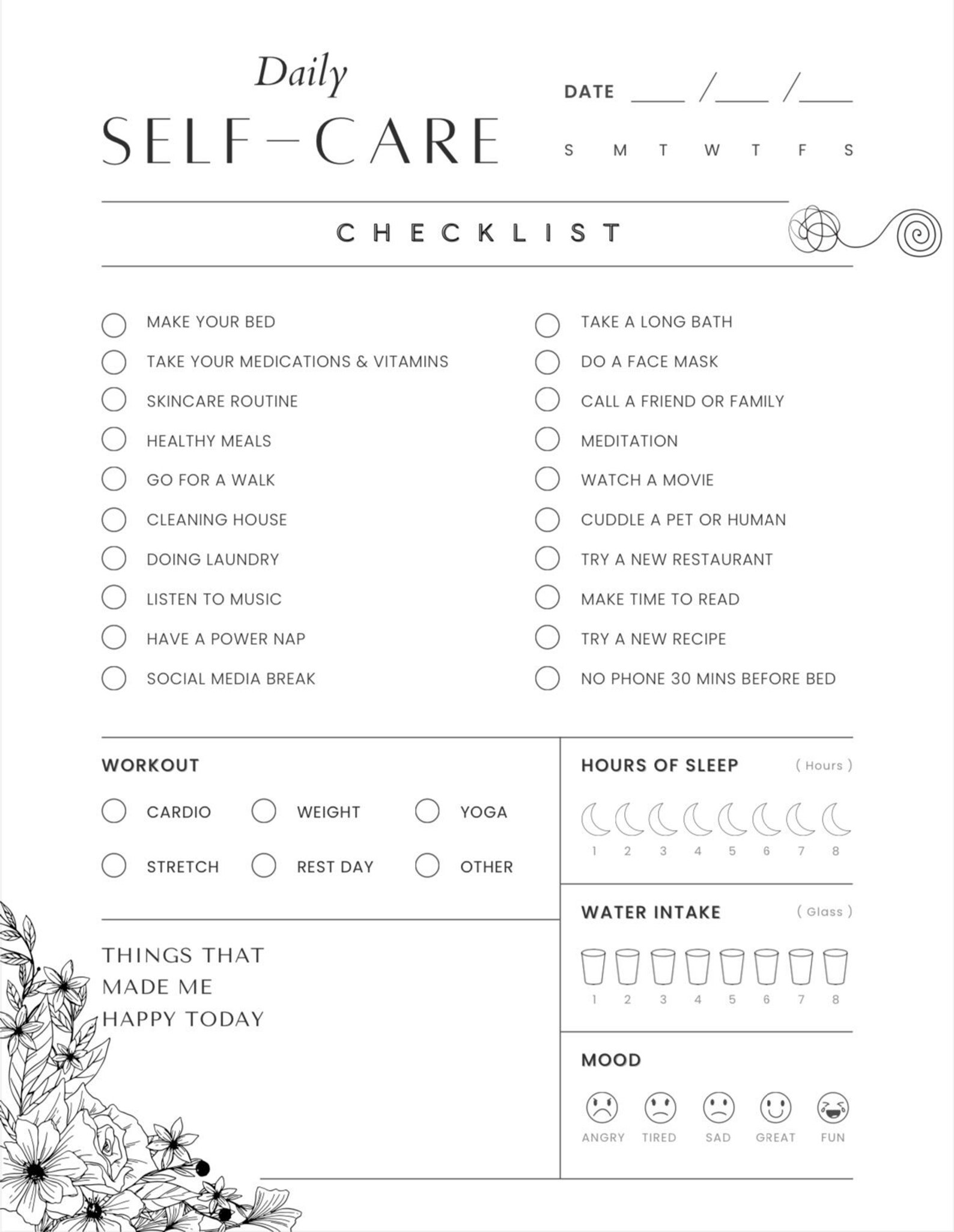 Daily Self Care Checklist Instant Download Printable Download Etsy