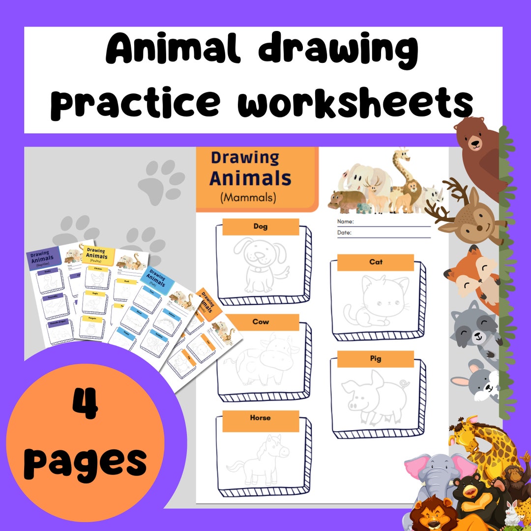 Animal Drawing Practice Worksheets - Etsy
