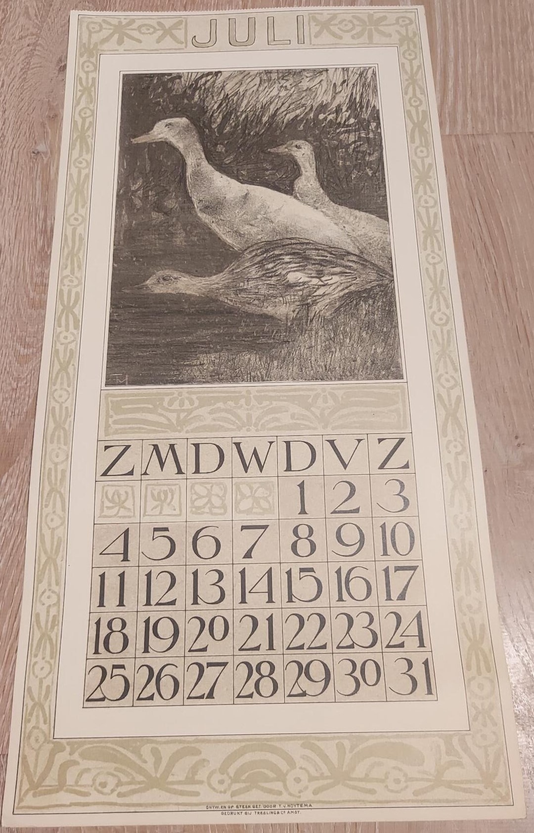 Print, Lithography, Original Page of Calendar ‘ducks – Eenden’ 1909 of ...