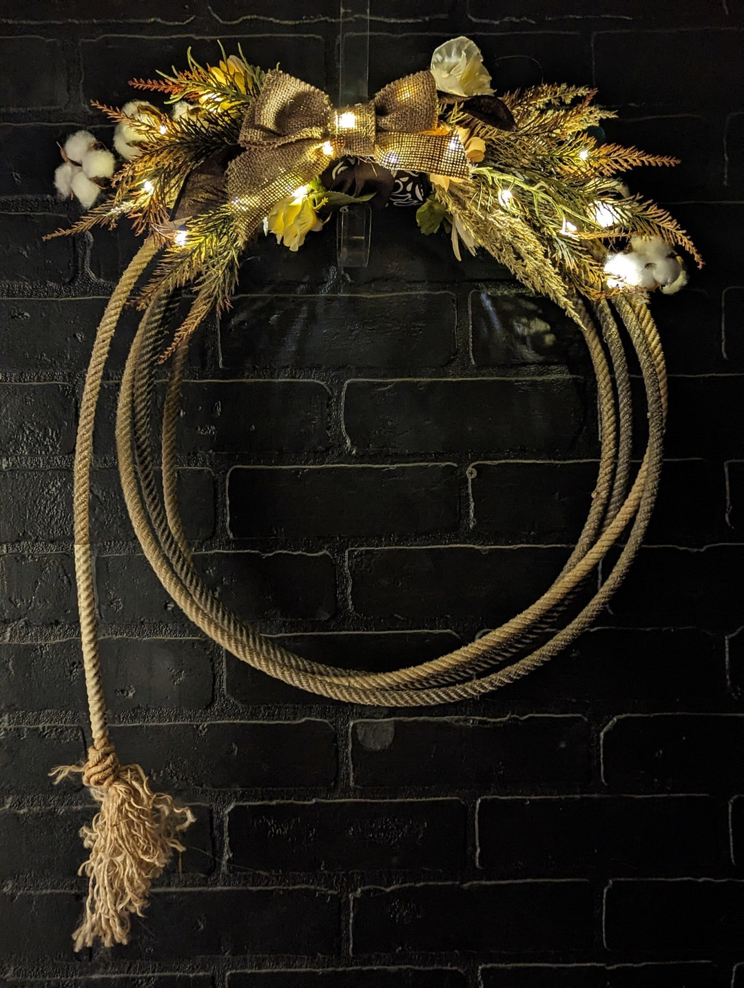 Light-up Lariat Wreath Burlap Bow Neutral All Seasons Lasso Wreath - Etsy