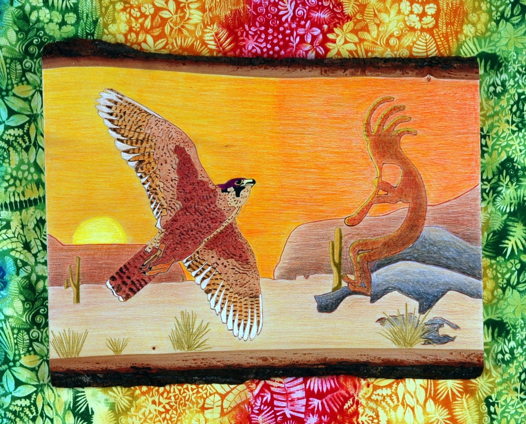 Falcon With Kokopelli on Western Background Native American Wood ...
