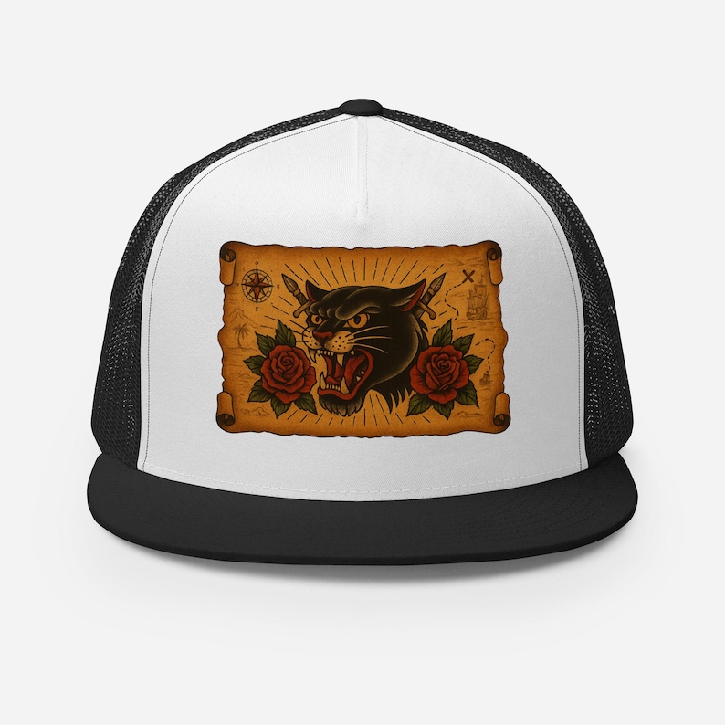Black Panther Rose Hat – Tattoo Flash Trucker Cap – Vintage Style DTG ...