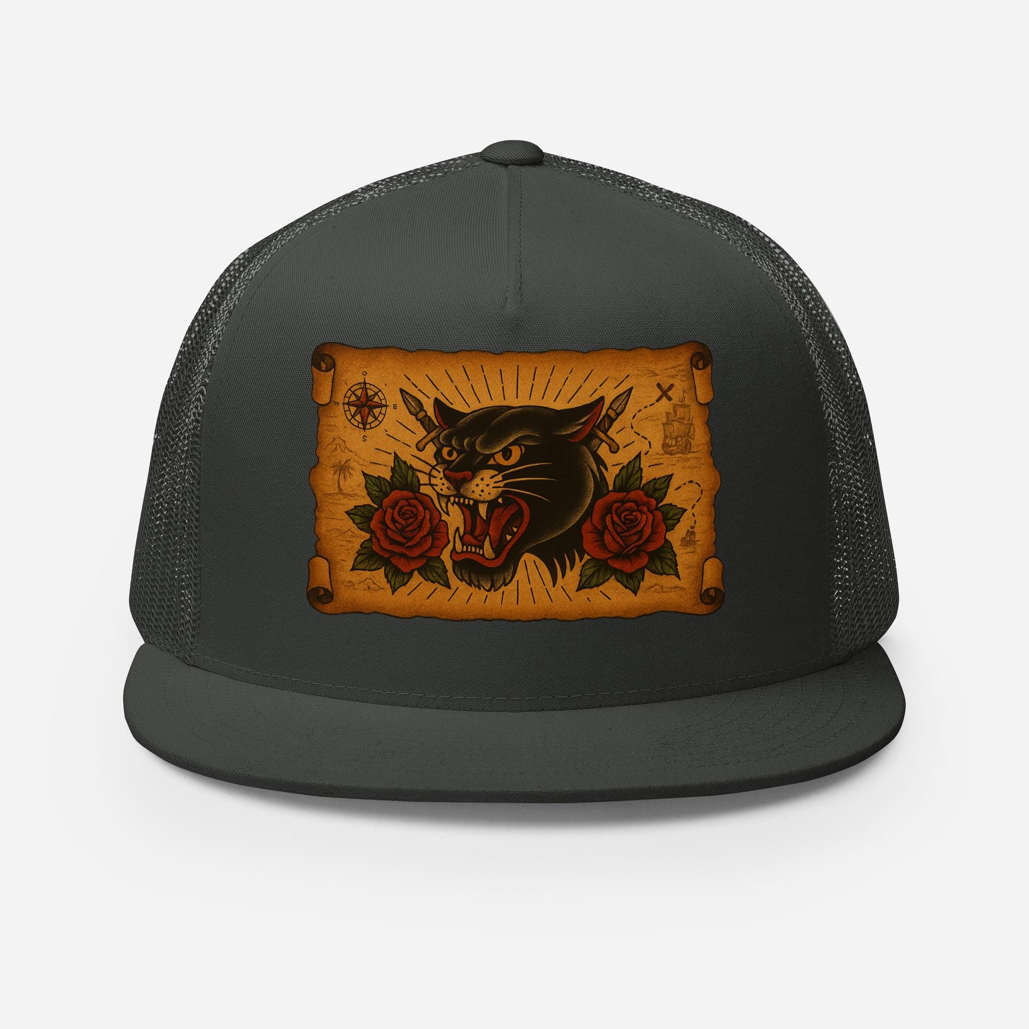 Black Panther Rose Hat – Tattoo Flash Trucker Cap – Vintage Style DTG ...