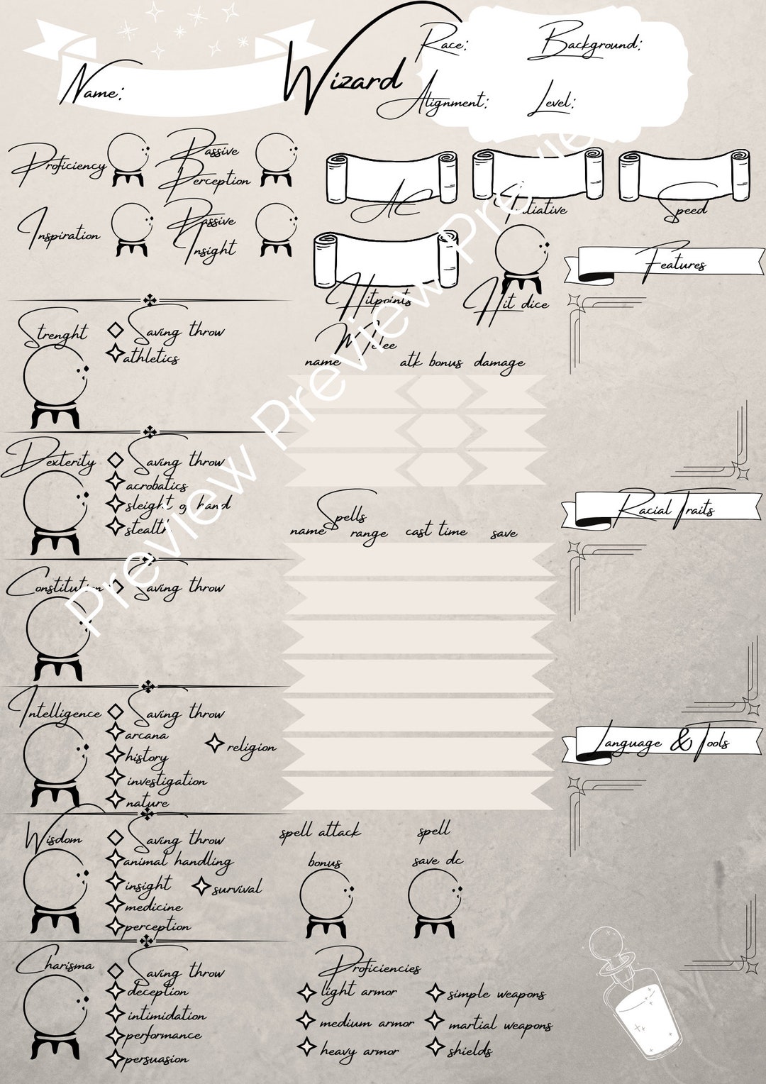 Dnd 5e Wizard Printable Character Sheet - Etsy Australia