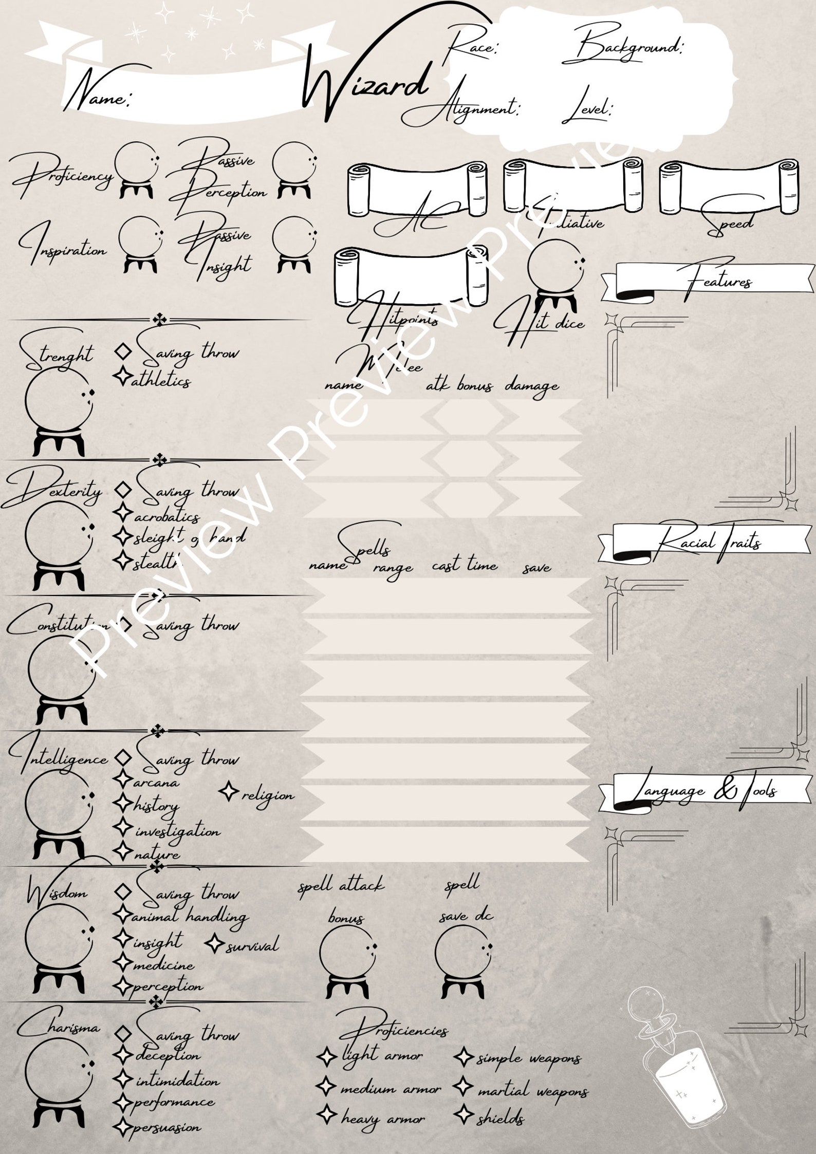 Dnd 5e Wizard Printable Character Sheet - Etsy Australia