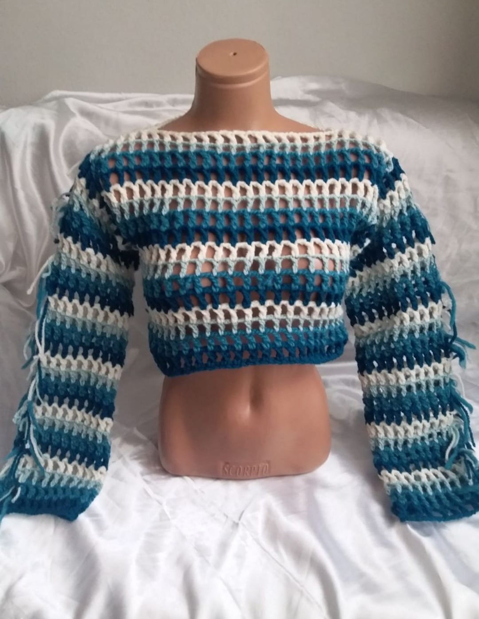 Handmade Y2k Crochet Crop Top, Patchwork Sleeve Top, Granny Sweater ...