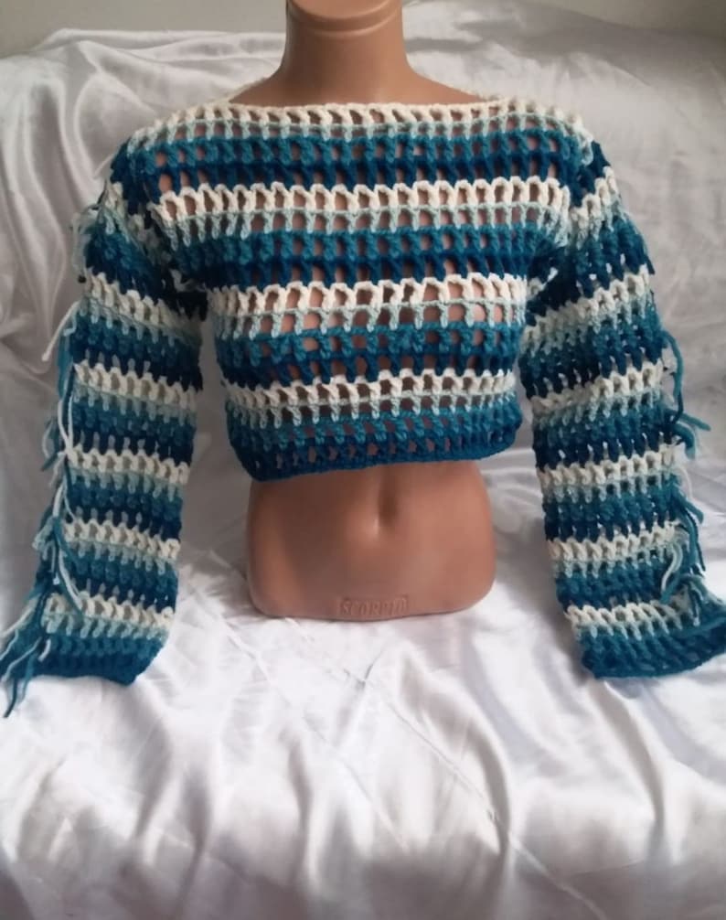 Handmade Y2k Crochet Crop Top, Patchwork Sleeve Top, Granny Sweater ...